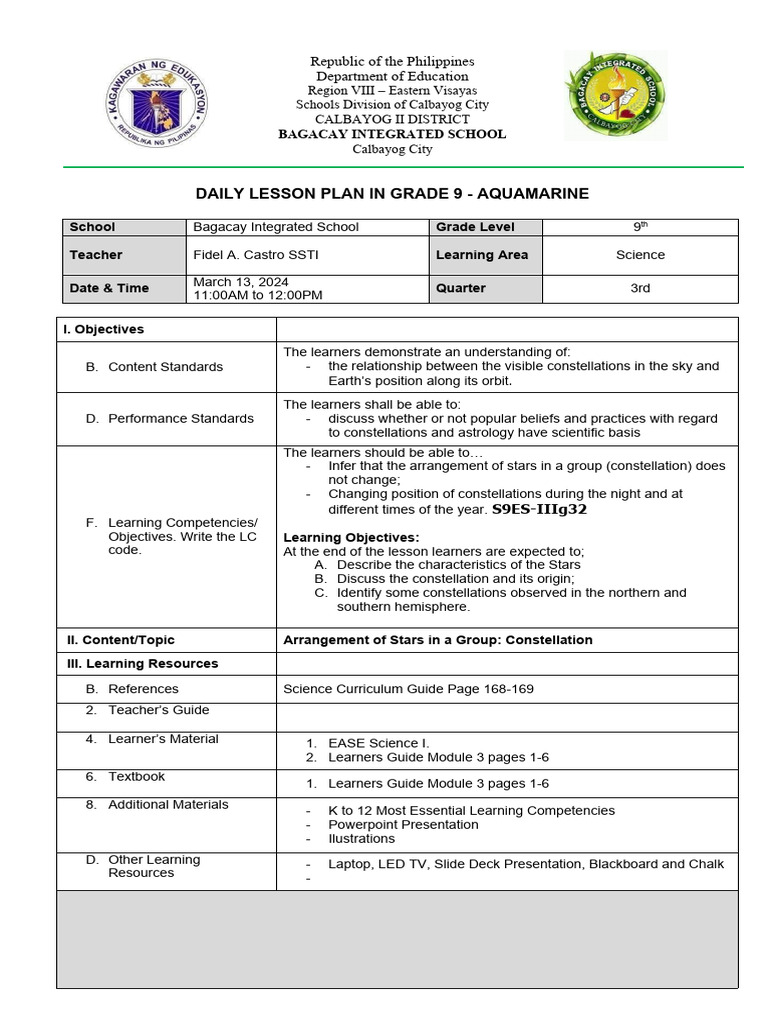 Grade 9 Science Lesson Plan: Constellations | PDF | Constellation | Stars
