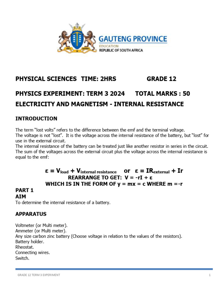 Grade 12 Internal Resistance Experiment | PDF | Voltage | Electrical ...