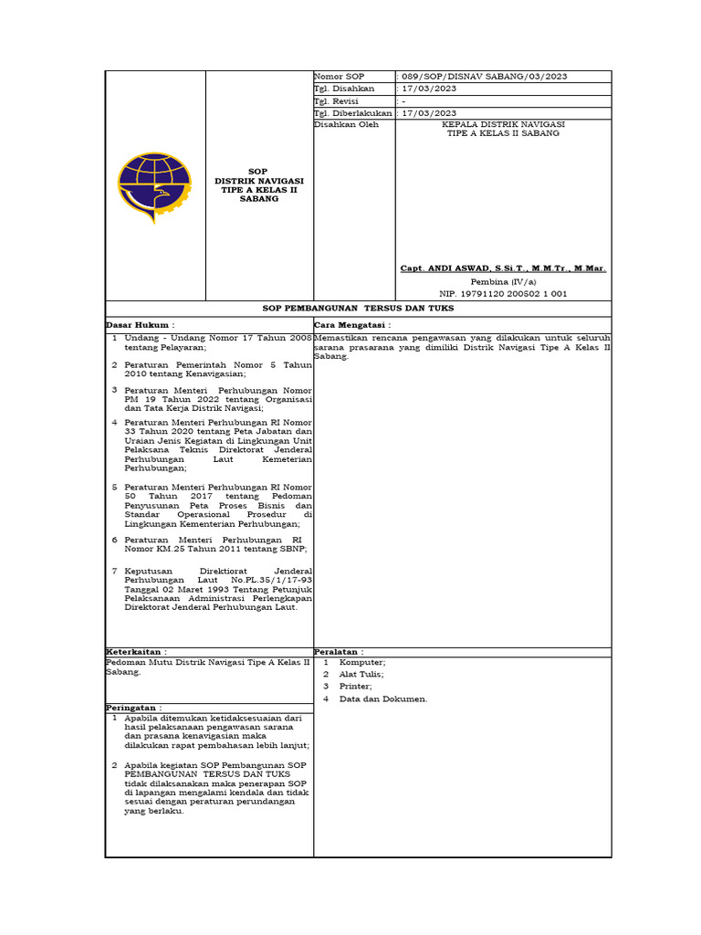 089 SOP DISNAV SABANG 03 2023 Permohonan Pembangunan TERSUS Dan TUKS | PDF