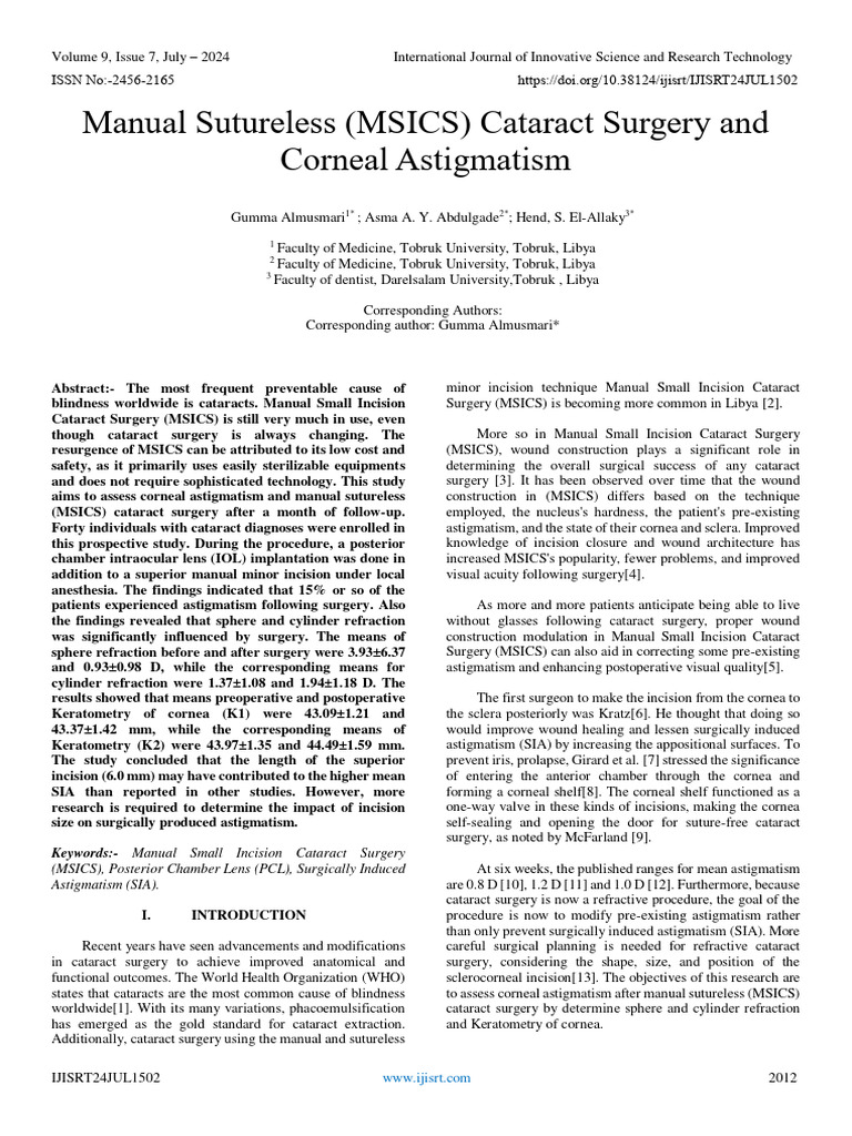 Manual Sutureless (MSICS) Cataract Surgery and Corneal Astigmatism ...