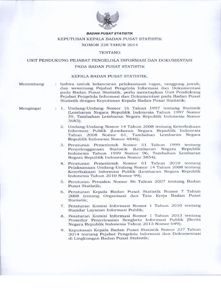 Keputusan Kepala BPS Nomor 228 Tahun 2014 Tentang Unit Pendukung ...