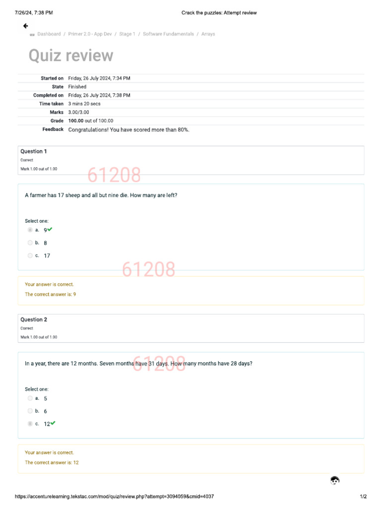 Arrays Puzzle First Quiz | PDF