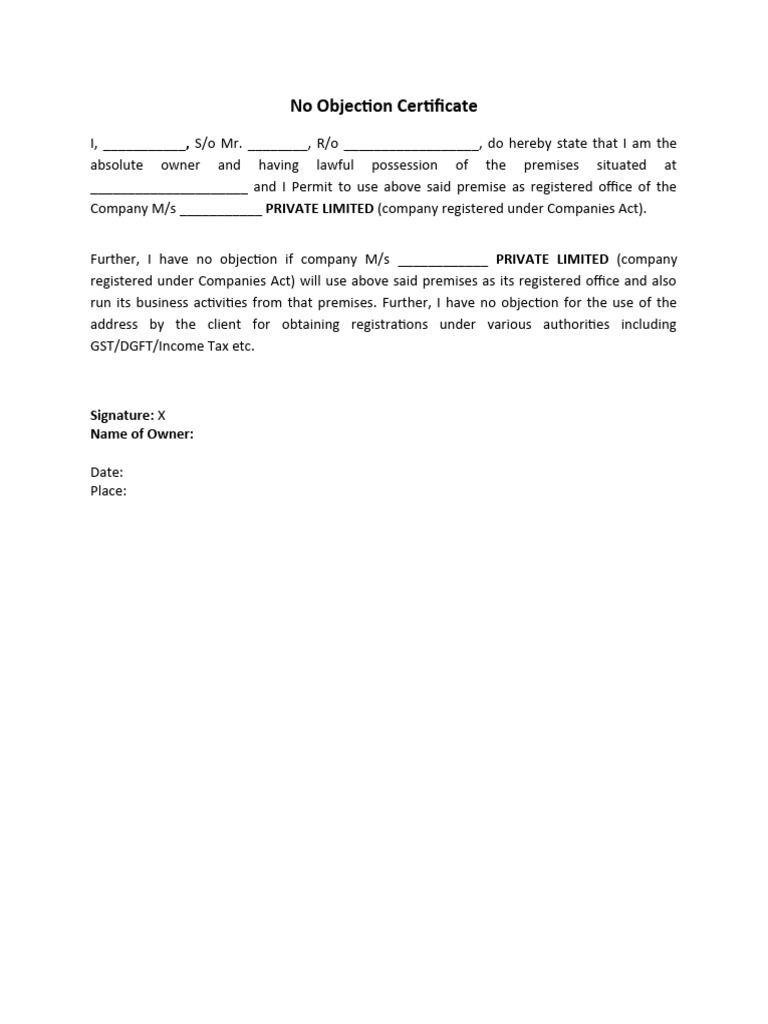 Owner's No Objection Certificate Format | PDF