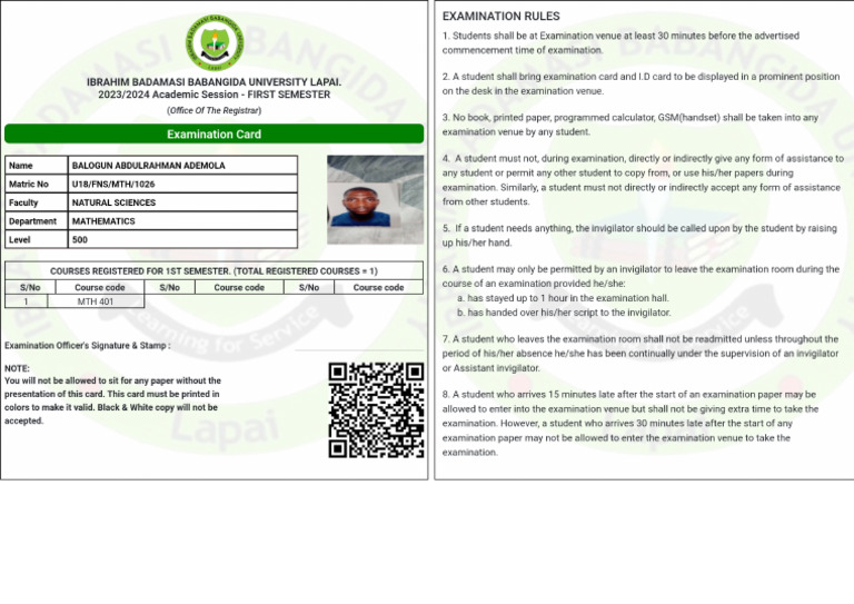 U18FNsMTH1026 Exam Card | PDF