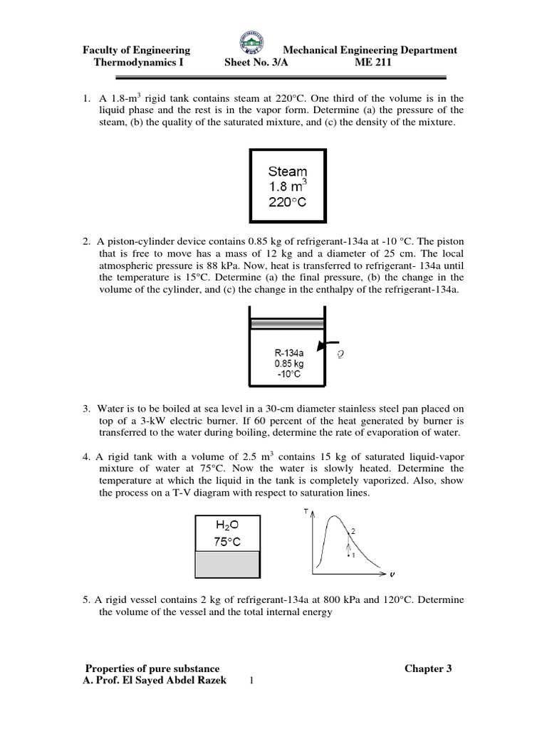 ME211 Sheet 3A Properties of Pure Substance | PDF | Heat | Enthalpy
