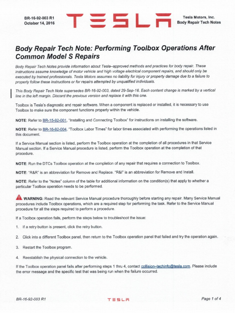 Tesla BR 16-92-003 R1 Performing Toolbox Operations After Common Model ...