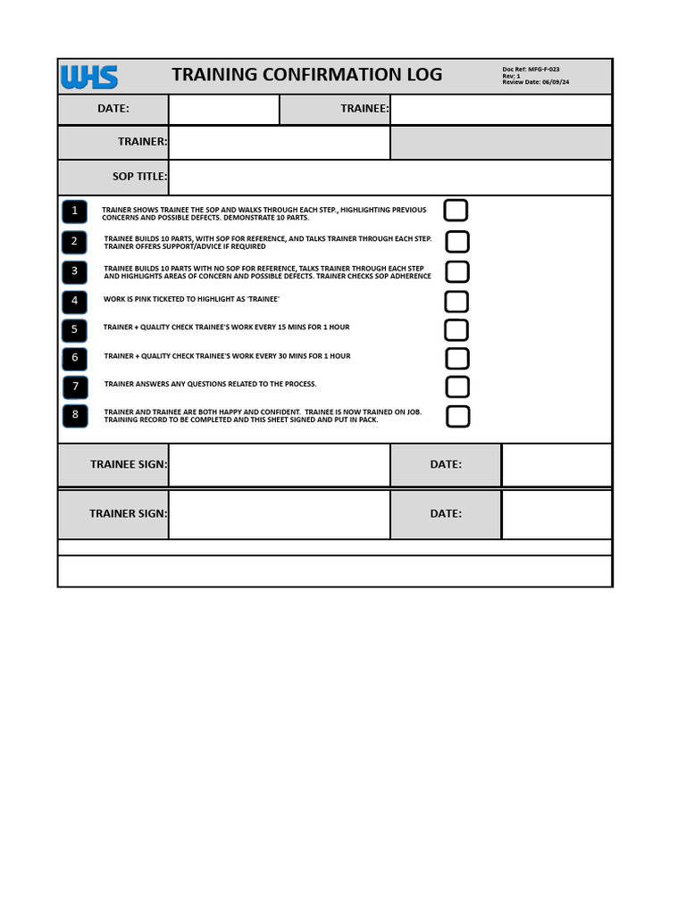 MFG-F-023 Training Confirmation Log | PDF