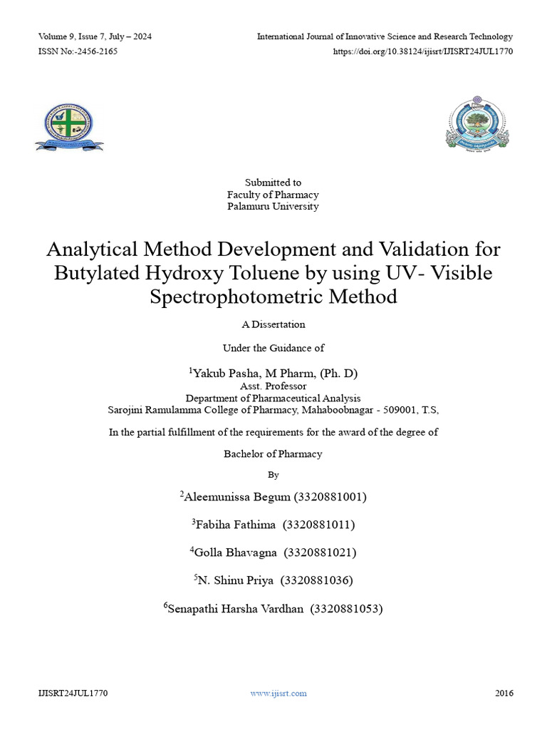 Analytical Method Development and Validation For Butylated Hydroxy Toluene by Using UV - Visible ...