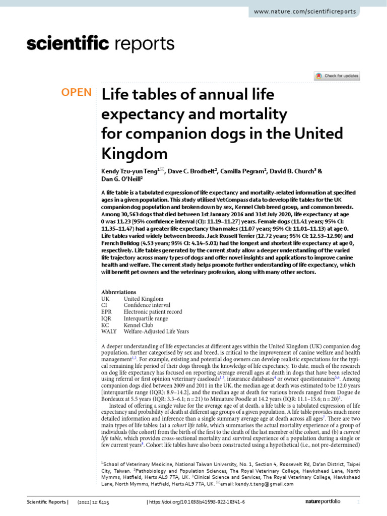Life Tables of Annual Life Expectancy and Mortality For Companion Dogs ...