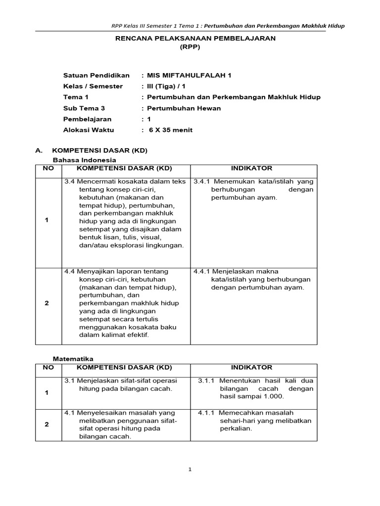 RPP K3 TEMA 1 ST 3 REV. 2018 Fix Print | PDF