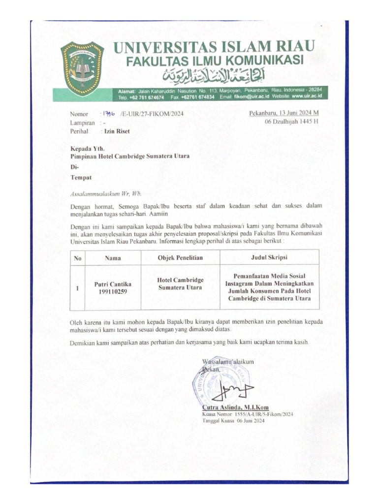 Surat Izin Riset Universitas Islam Riau | PDF