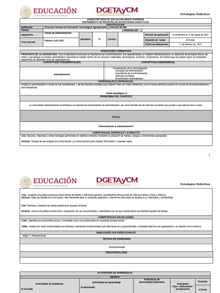 Eca 1 Temas de Administración | PDF | Evaluación | Enseñando