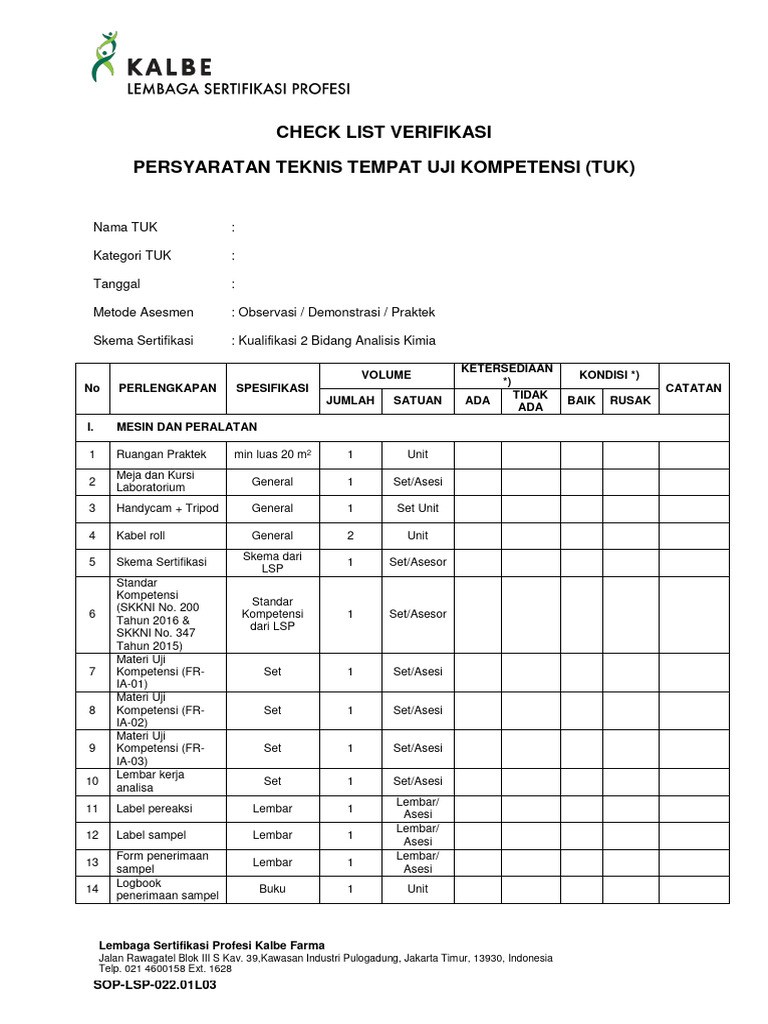 SOP-LSP-002.01L03 Form Check List Verifikasi TUK - Micro - Spektro | PDF