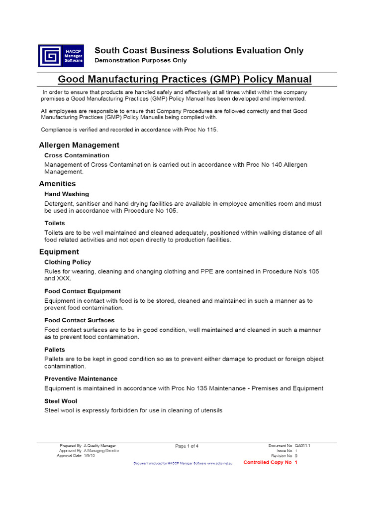Good Manufacturing Practices (GMP) Policy Manual - Good-Manufacturing-Practices-Gmp-Policy ...