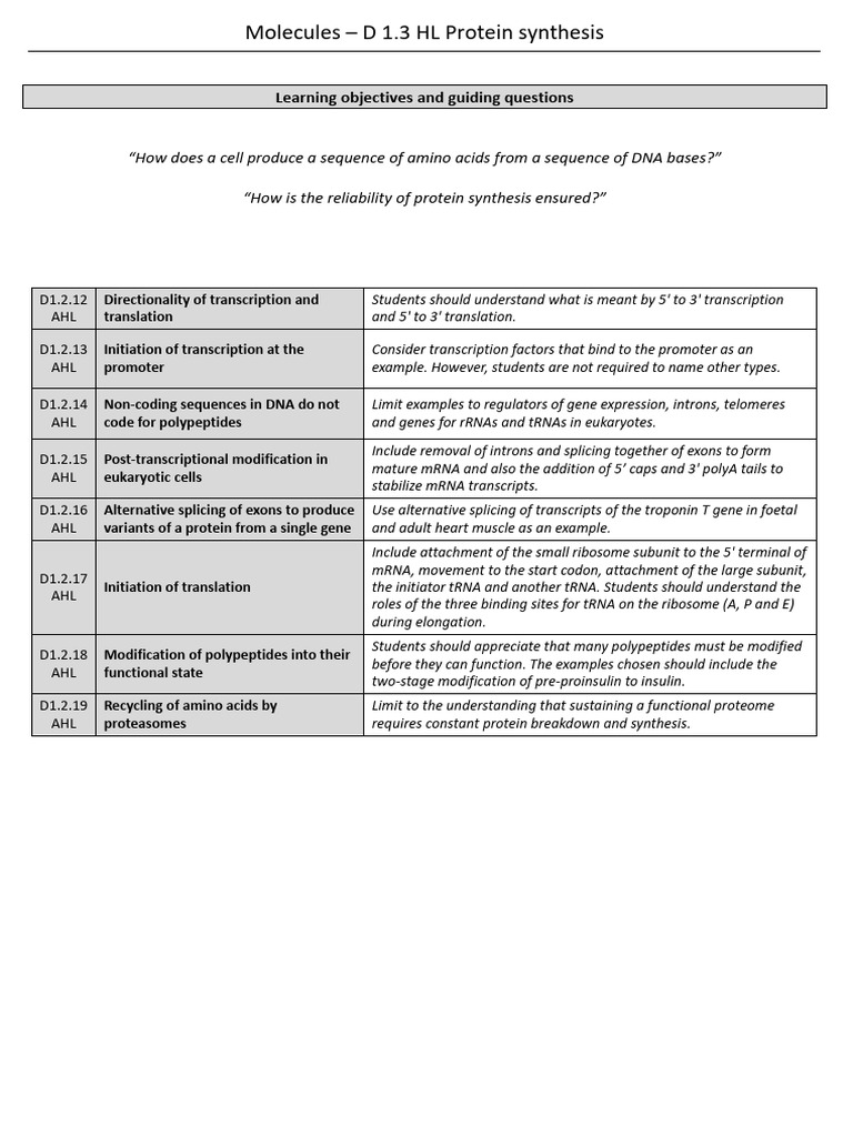 D 1.2 HL Protein Synthesis - Student Notes | PDF | Translation (Biology ...