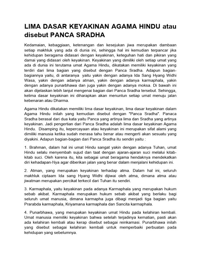 LIMA DASAR KEYAKINAN AGAMA HINDU Atau Disebut PANCA SRADHA | PDF