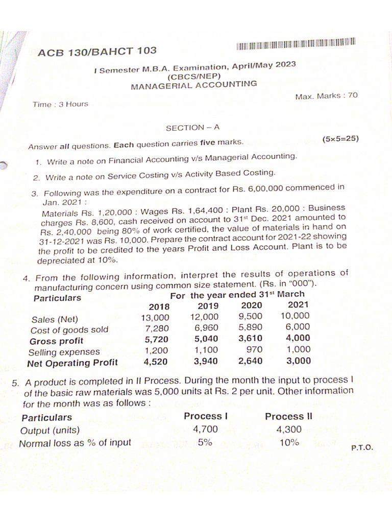 MA (Managerial Accounting) 3 Years Question Papers | PDF