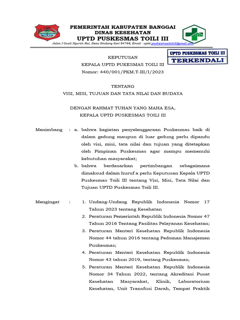 SK Visi, Misi, Tujuan Dan Tata Nilai Puskesmas. | PDF | Pengembangan Diri