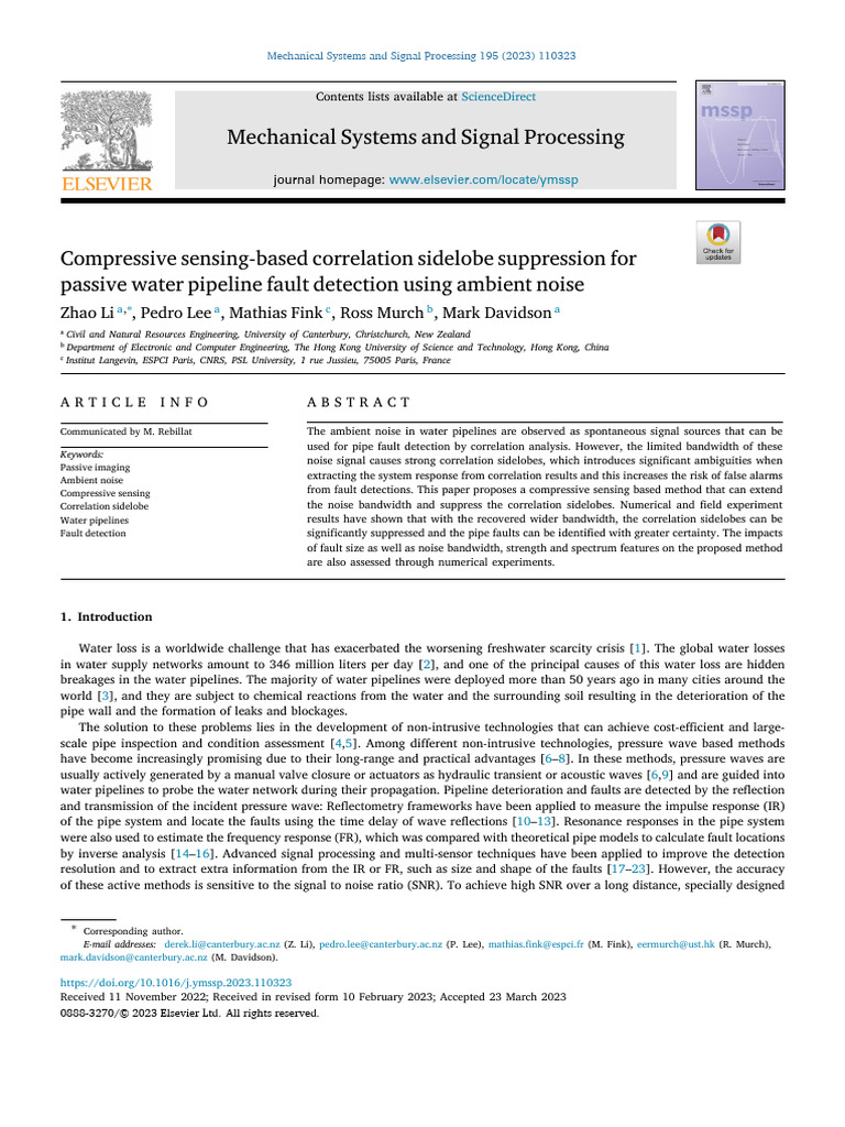 Compressive Sensing-Based Correlation Sidelobe Suppression For Passive Water Pipeline Fault ...