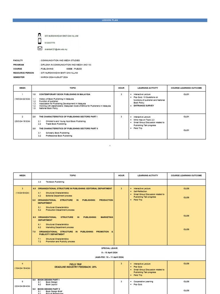 Publishing Course Lesson Plan 2024 | PDF | Books | Target Audience