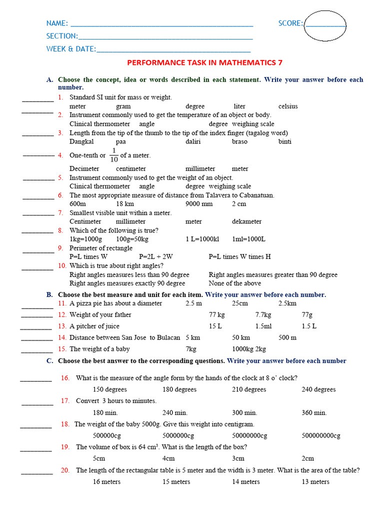 Mathematics 7 Performance Task Guide | PDF | Metre | Length