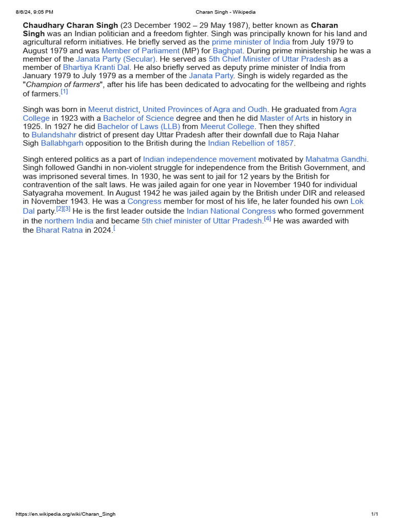 Charan Singh - PM | PDF