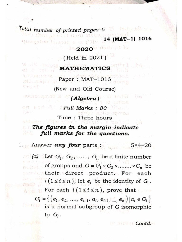 Algebra Previous Year Question Paper | PDF | Ring (Mathematics) | Group (Mathematics)
