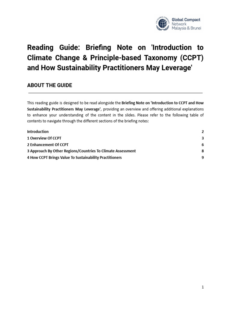 UNGCMYB Reading Guide - Briefing Note On CCPT | PDF | Sustainability | Risk