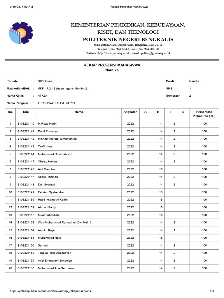 Rekap Presensi Mahasiswa Nautiak 2023 Genap | PDF