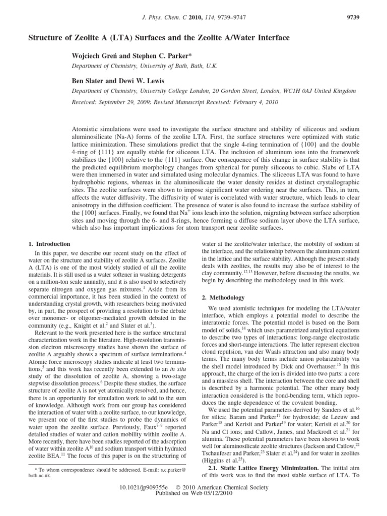 Zeolite A Surface and Water Dynamics | PDF | Zeolite | Solvation