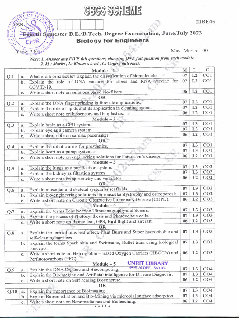 VTU Question Paper of 21BE45 Biology For Engineers June-July-2023 | PDF