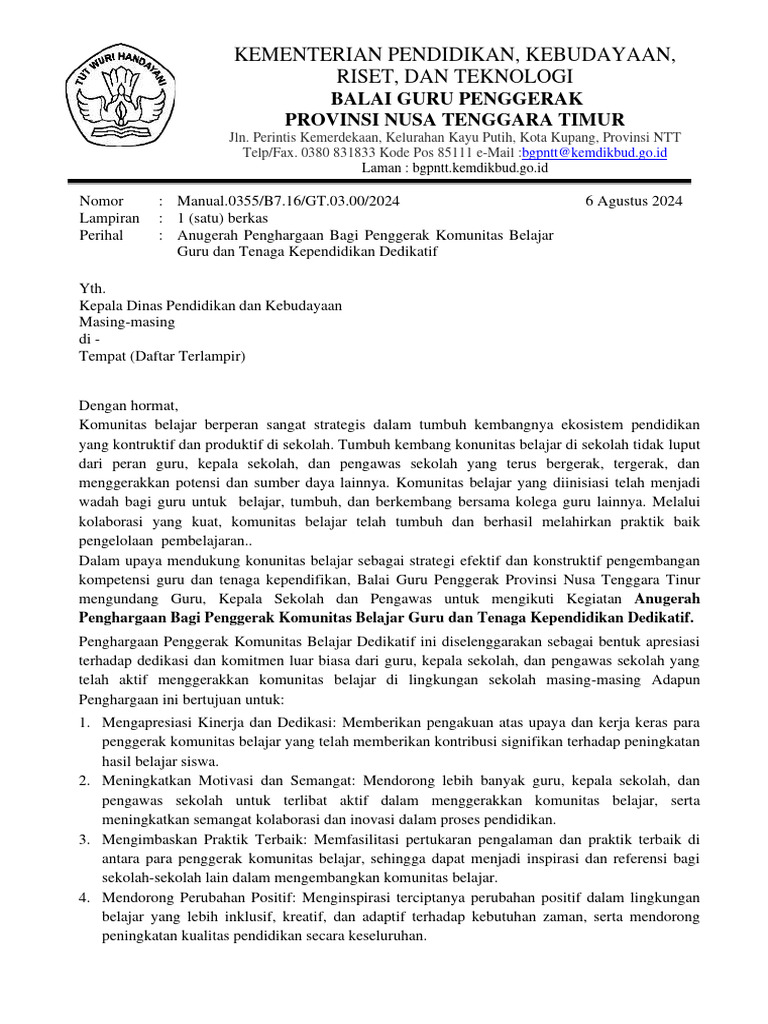 BGP NTT - Surat Anugerah Penghargaan - Kombel | PDF | Ilmu Sosial