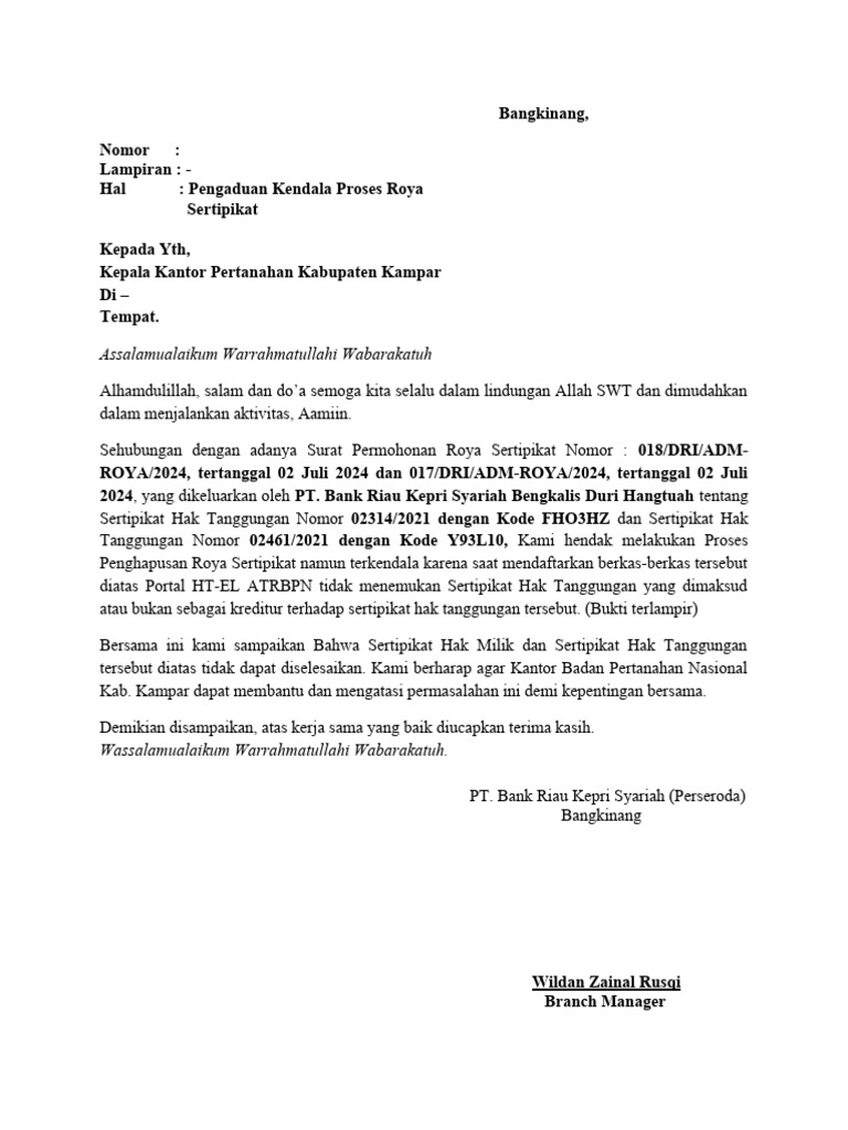 Surat Pengaduan Ke BPN | PDF | Pengelolaan Keuangan & Uang