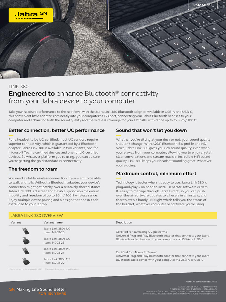 Jabra Link 380 Data Sheet Web | PDF | Bluetooth | Usb