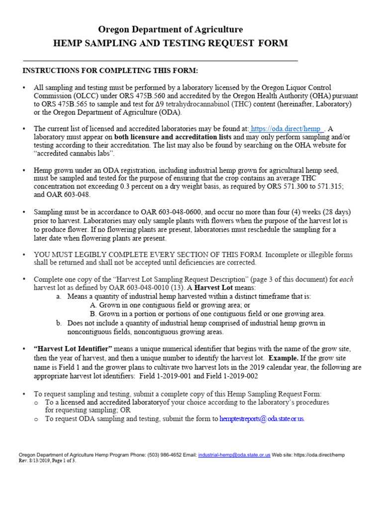 Oregon Hemp Sampling Request Form | PDF | Hemp | Cannabis