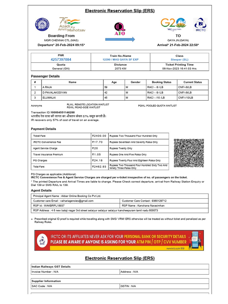 Electronic Reservation Slip (ERS) : Boarding From TO | PDF | Identity ...