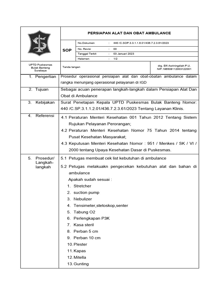 3.3.1.1.6 Sop PERSIAPAN ALAT DAN OBAT AMBULANCE | PDF