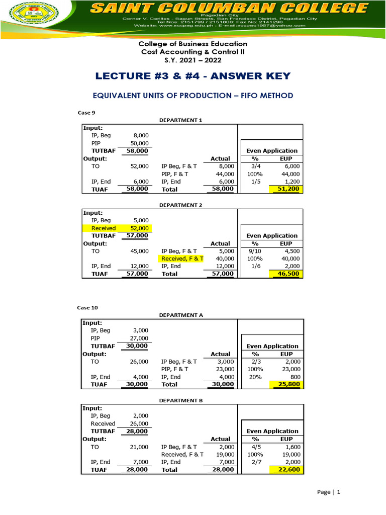 Lecture #3 & #4 - Answer Key | PDF | Management Accounting