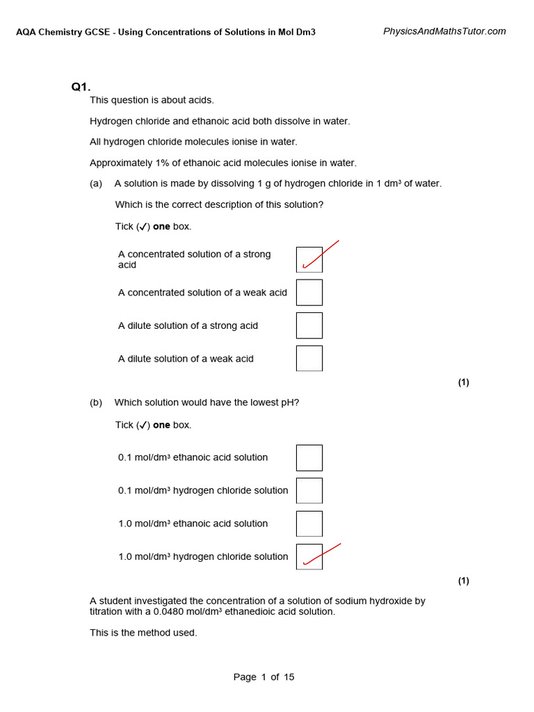 3.4 Using Concentrations of Solutions in Mol Dm3 QP | PDF | Acid | Ph