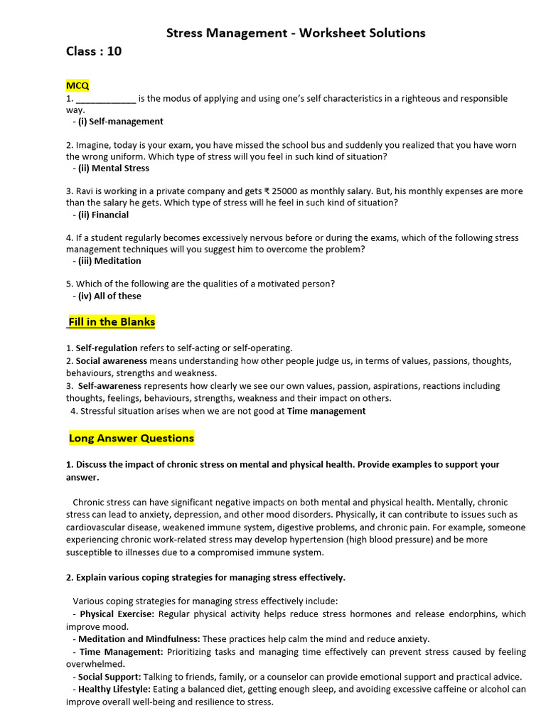 Class - 10 - Stress Management Worksheet Solutions | PDF | Stress ...