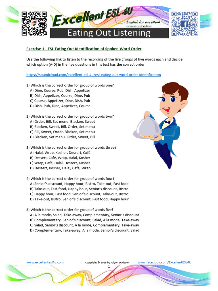 ESL Eating Out Listening Worksheet | PDF | Gluten Free Diet | Menu