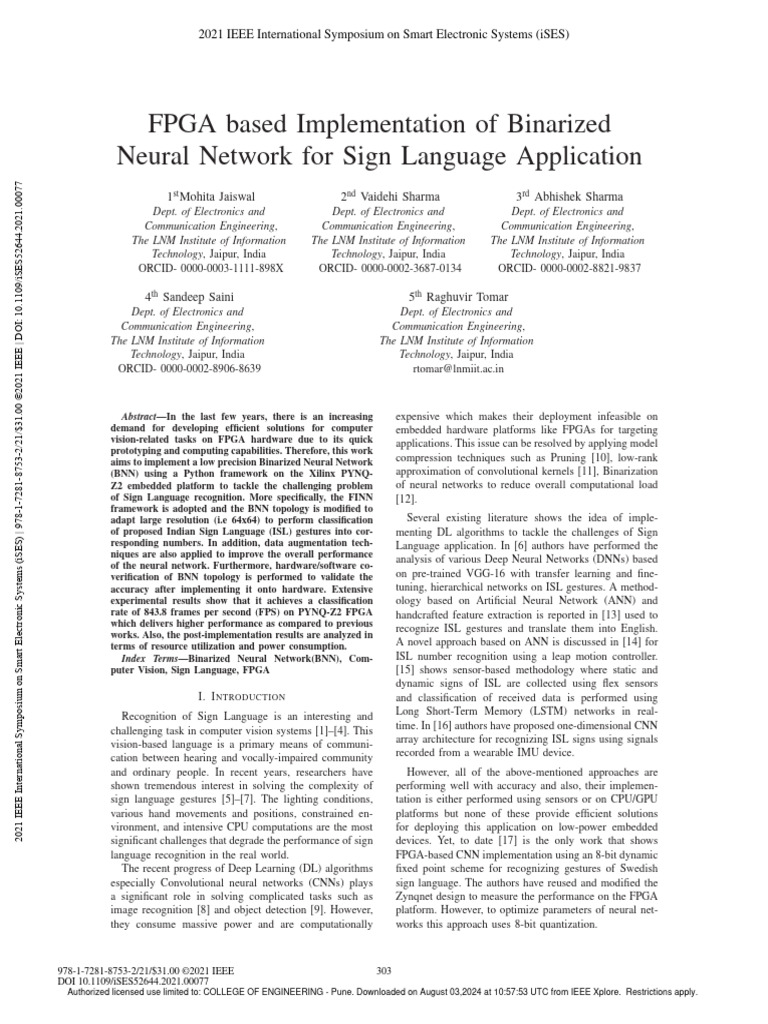 FPGA Based Implementation of Binarized Neural Network For Sign Language Application | PDF ...