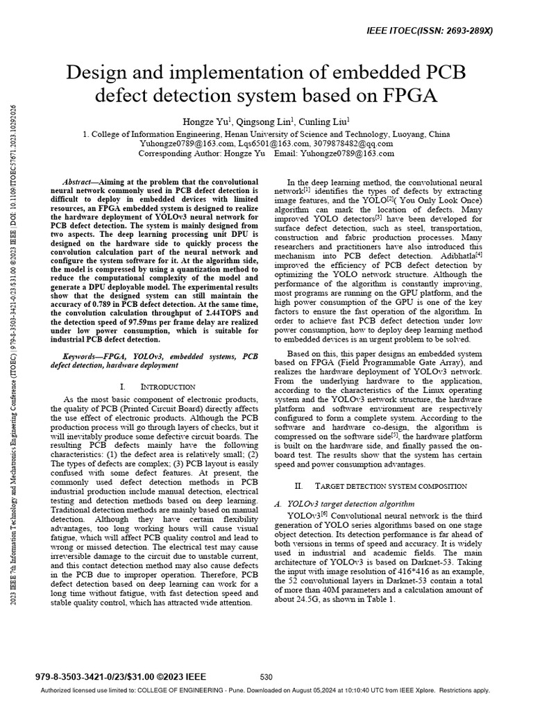 Design And Implementation Of Embedded Pcb Defect Detection System Based