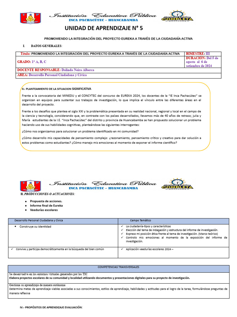 Unidad N°05 - DPCC - 1°a, B, C | PDF | Aprendizaje | Evaluación