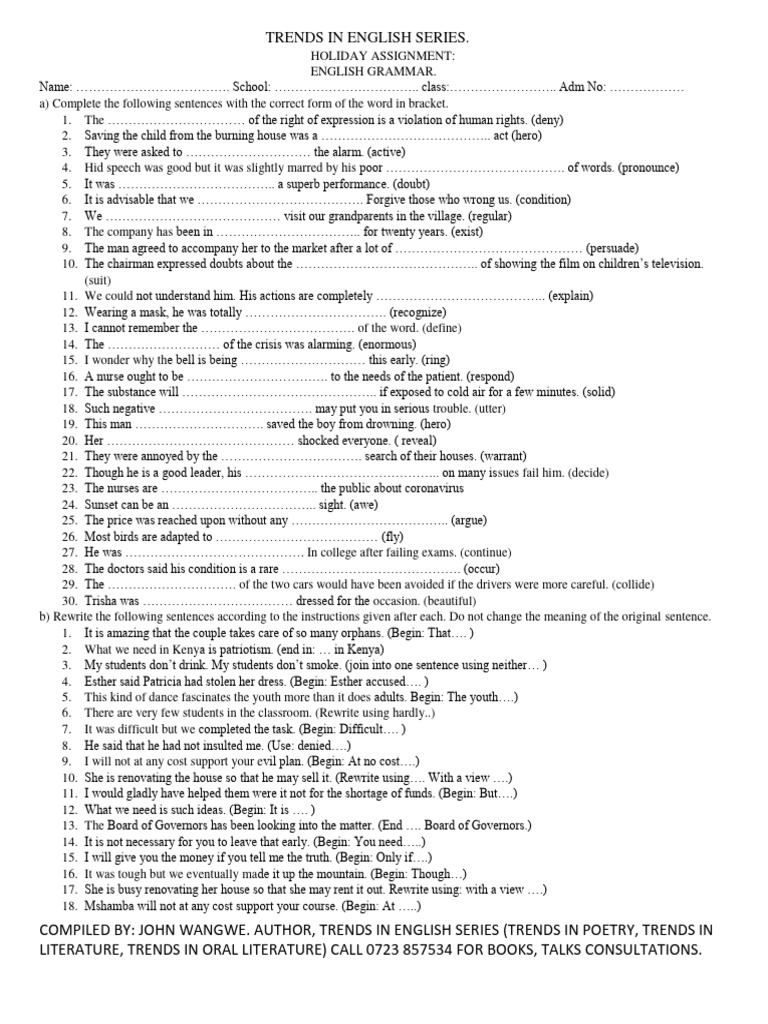 Form 3 Holiday Assignment Term 2 2024 | PDF