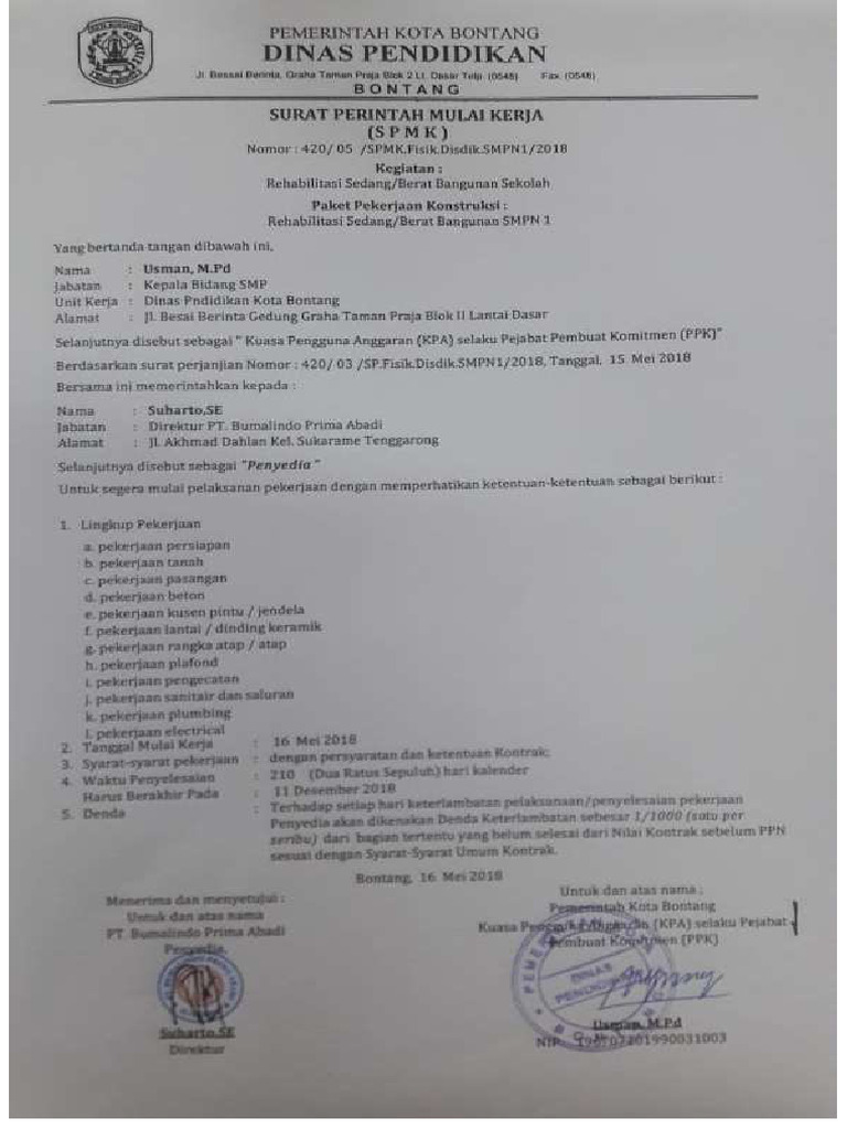 SPMK & Kontrak SMP1 BTG 2018 | PDF