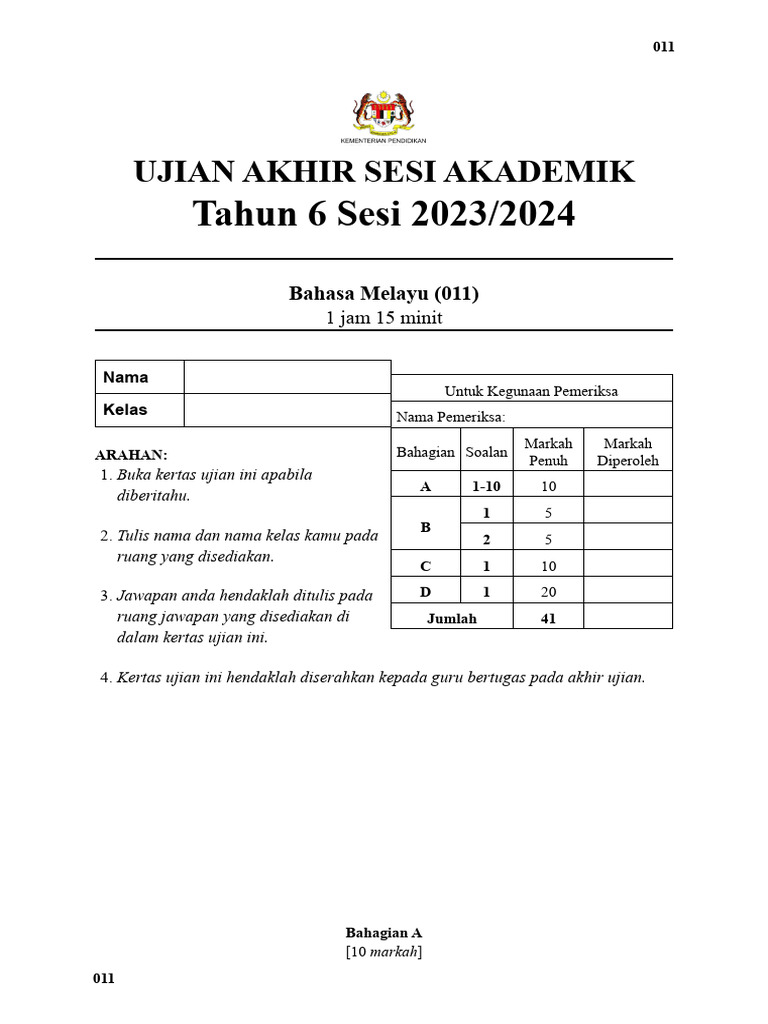 Contoh Kertas Soalan BM Tahun 6 | PDF