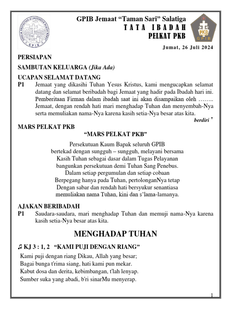 Tata Ibadah Pelkat PKB 26 Juli 2024 | PDF | Agama & Spiritualitas