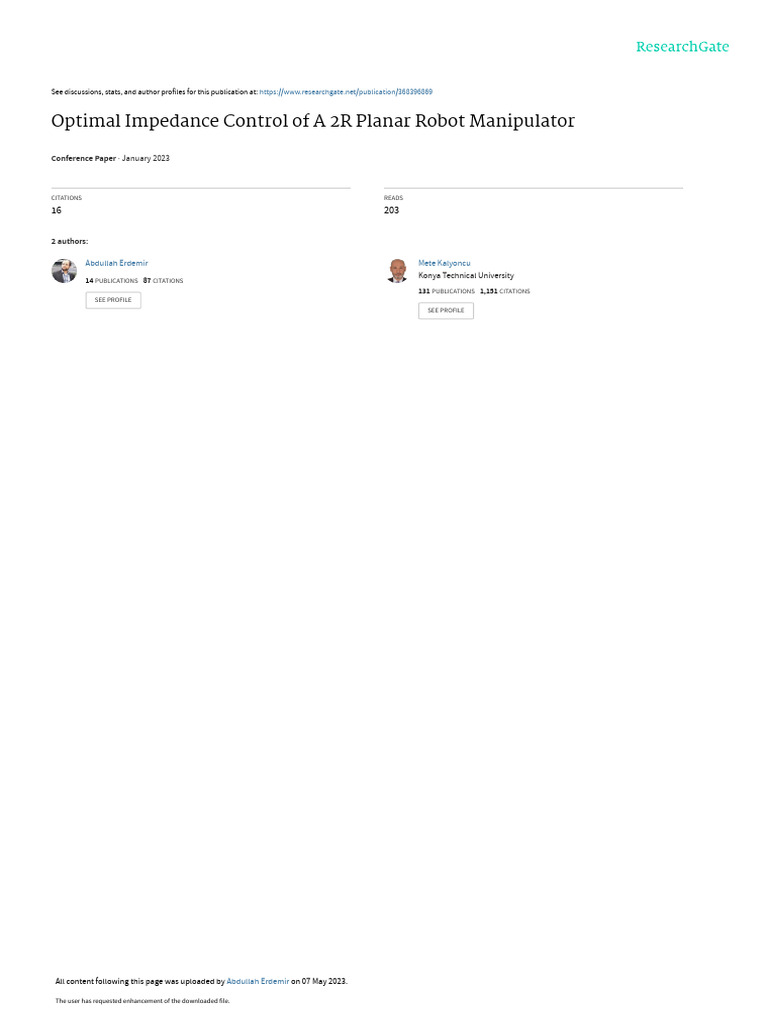 Optimal Impedance Control of a 2R Planar Robot Manipulator | PDF | Force | Mathematical Optimization