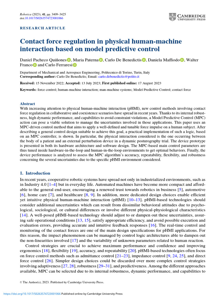 Contact Force Regulation in Physical Human Machine Interaction Based On ...